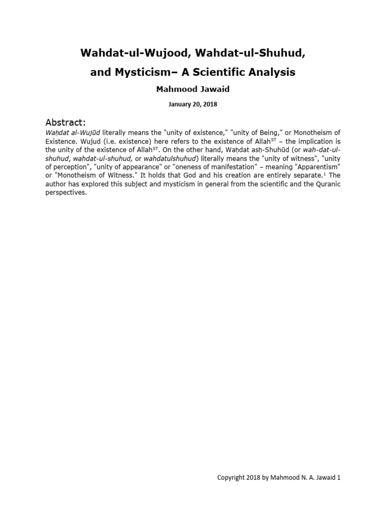 Wahdat Ul Wujood Wahdat Ul Shuhud and My | PDF | Mysticism | Experience