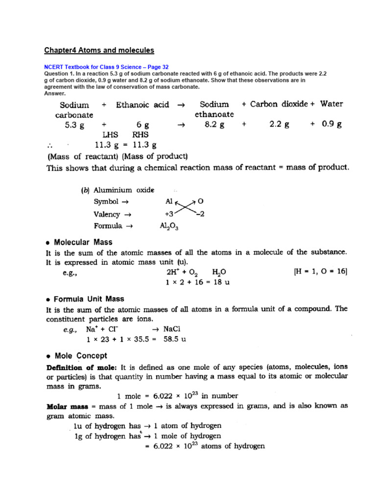 Class 9 Chapter 4 Atoms And Molecules Pdf Mole Unit Oxide