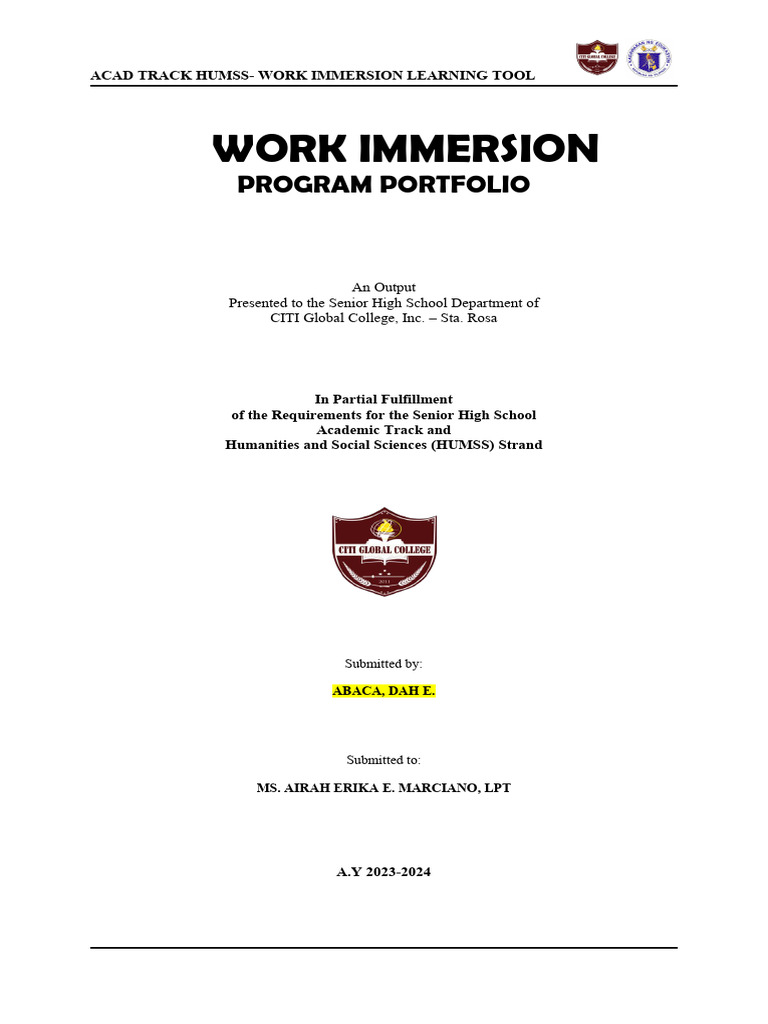 FTF-WORK-IMMERSION-PORTFOLIO-HUMSS (4) .Docx Roland-1 | PDF | Learning ...