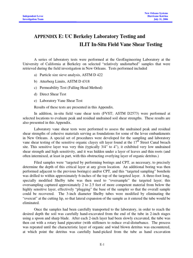 A E: UC Berkeley Laboratory Testing and ILIT In-Situ Field Vane Shear ...