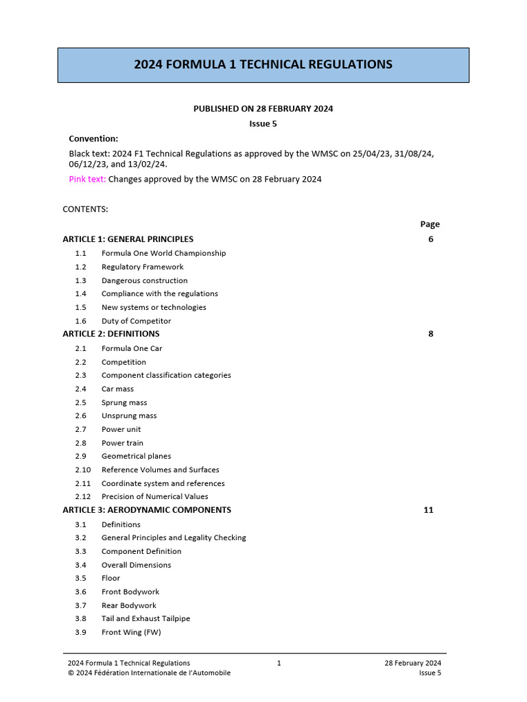 Fia 2024 Formula 1 Technical Regulations - Issue 5 - 2024-02-28 | PDF ...