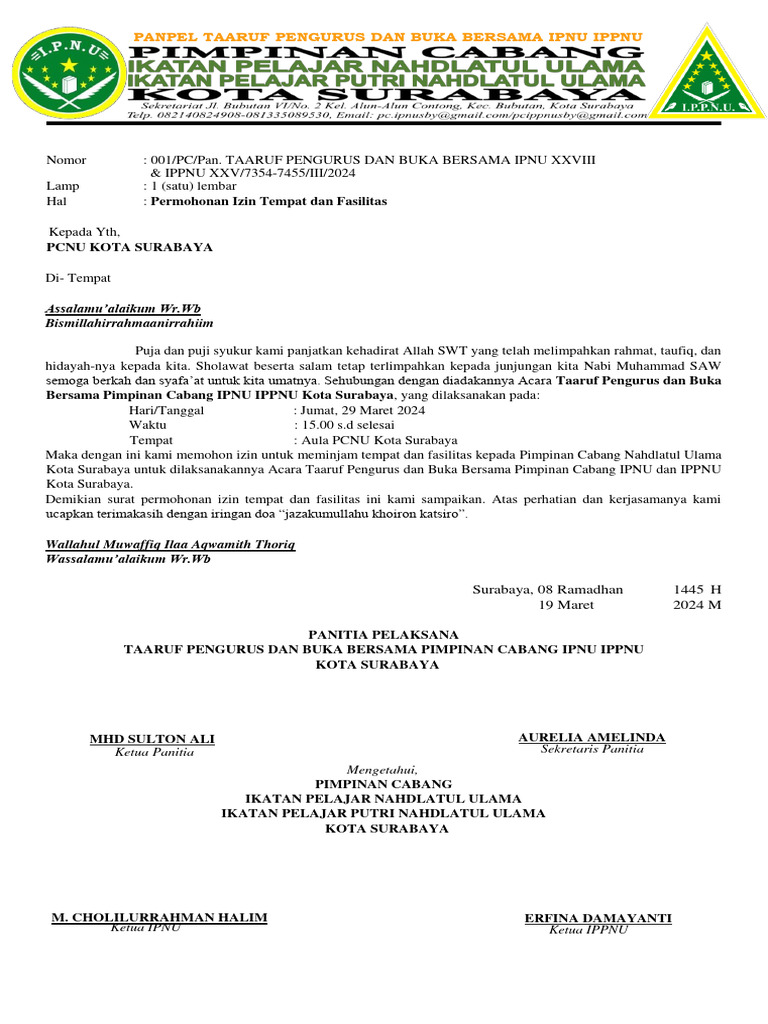 001 - Surat Permohonan Izin Tempat & Fasilitas Pcnu Sby | PDF