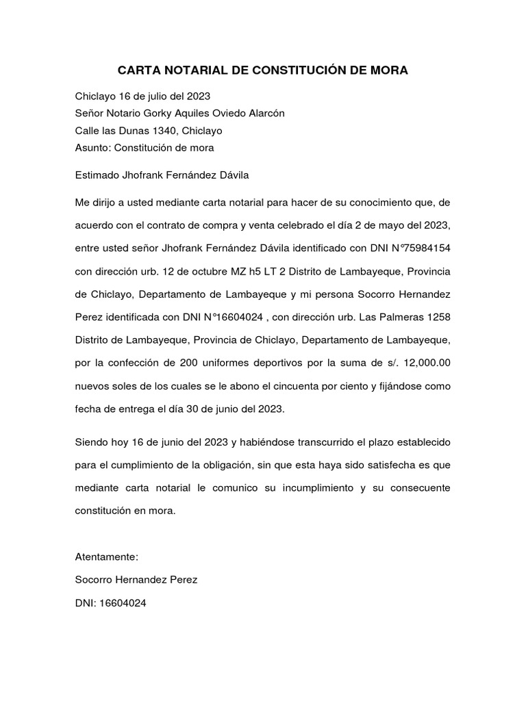 Carta Notarial de Constitución de Mora | PDF