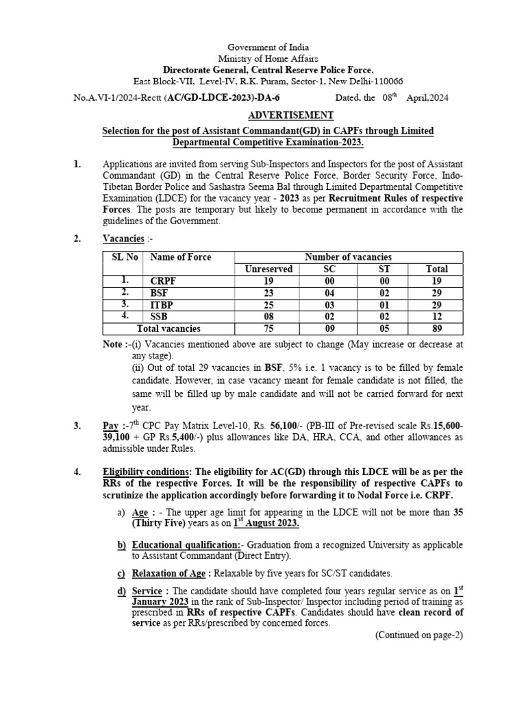 AC LDCE Notification 2024 | Download Free PDF | Government Of India