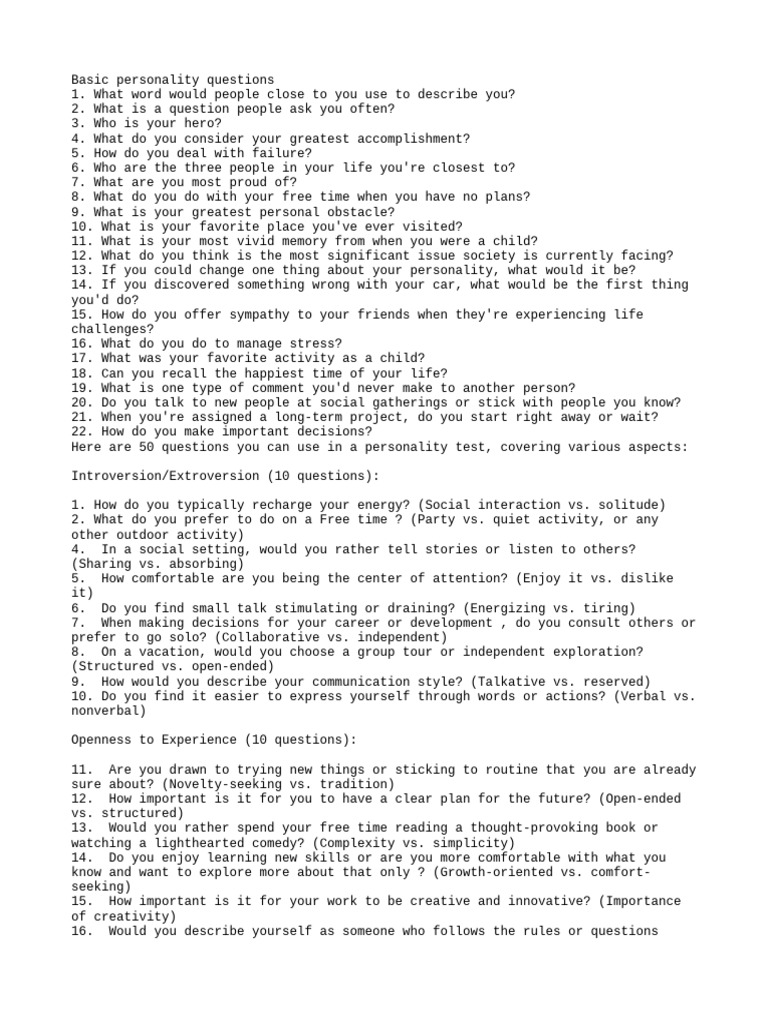 Personality Test Questions List | Download Free PDF | Learning | Social ...
