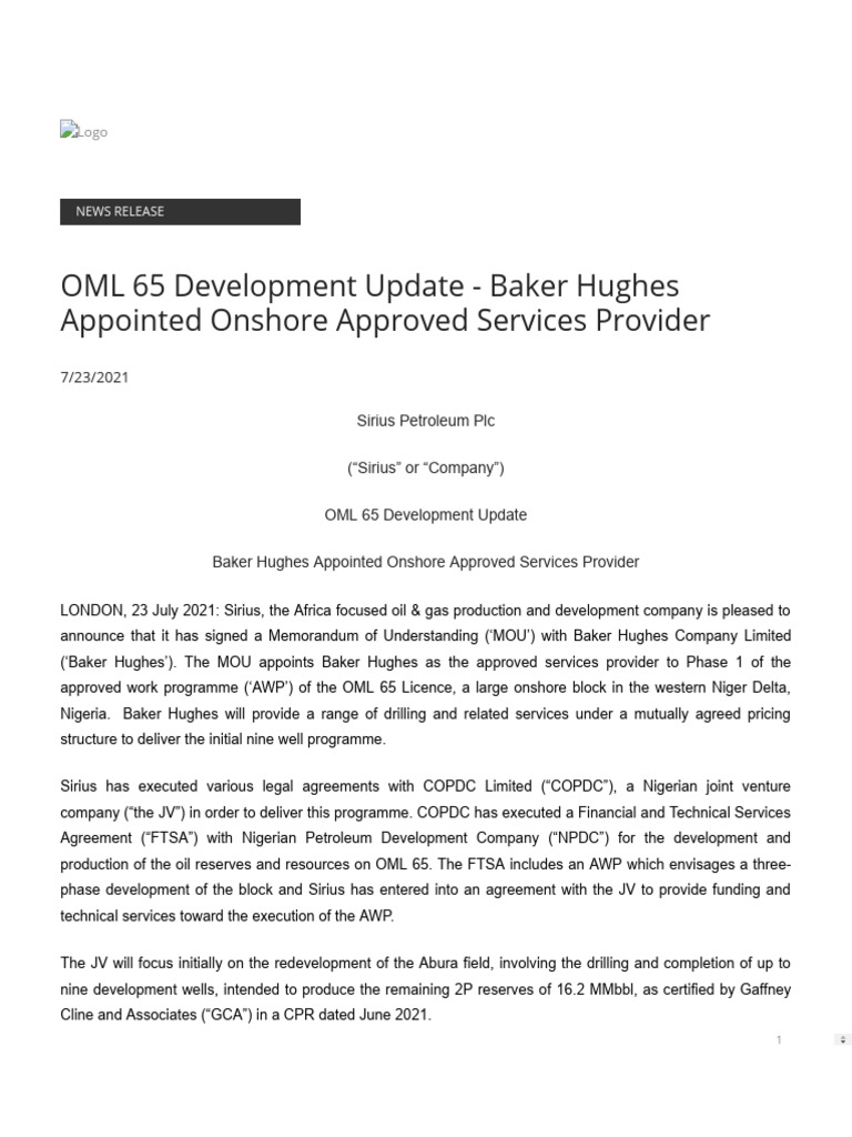 OML 65 Development Update Baker Hughes Appointed Onshore Approved ...