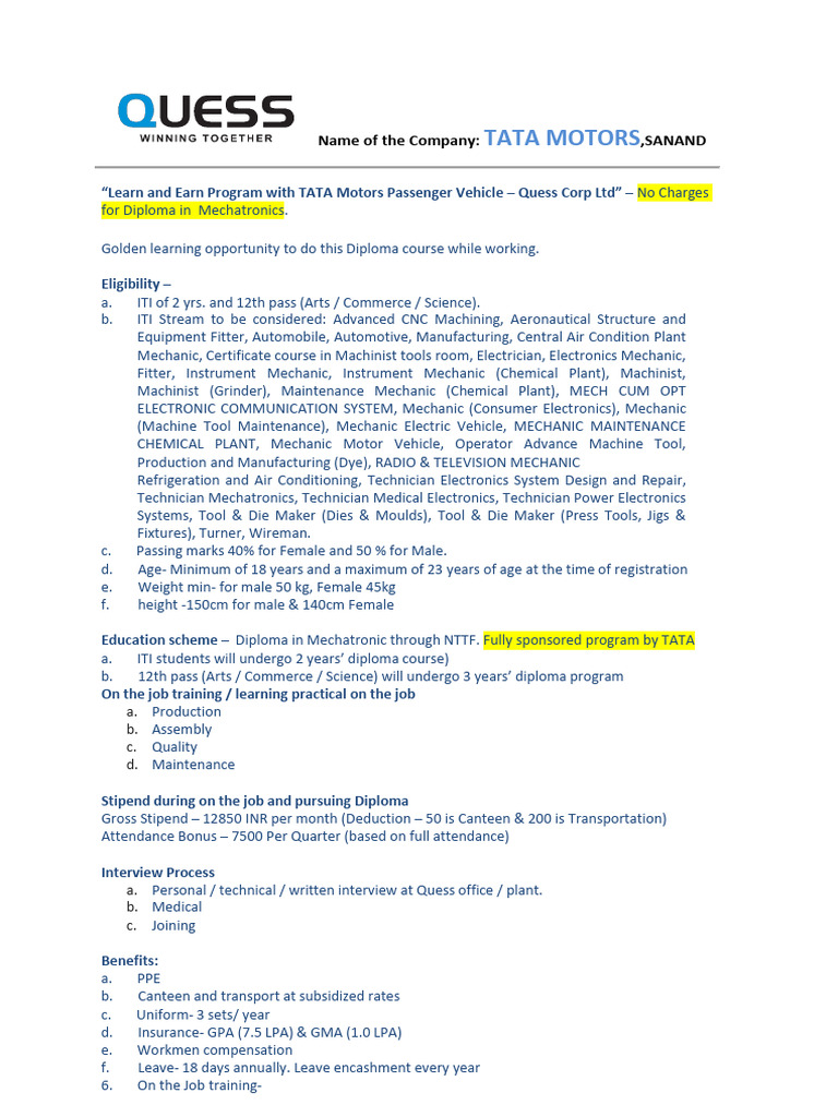 TATA Motors JD - SANAND - NAPS | PDF | Machinist | Mechatronics