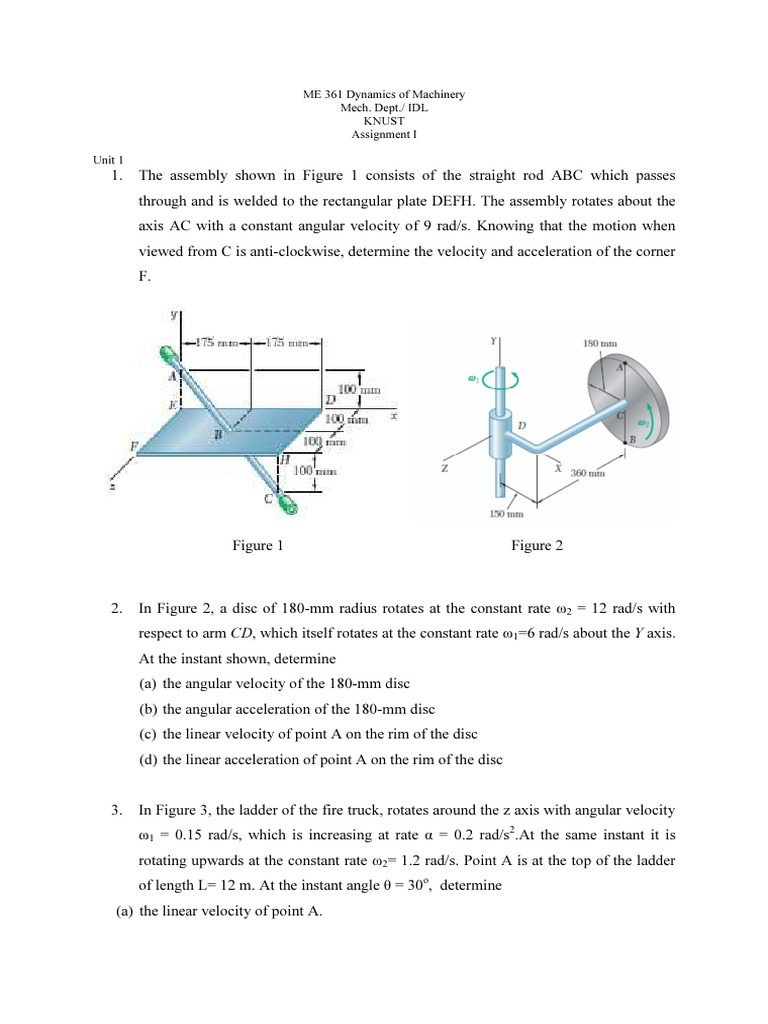 ME 361 Dynamics of Machinery Mech. Dept./ IDL Knust Assignment I Unit 1 | PDF | Rotation ...