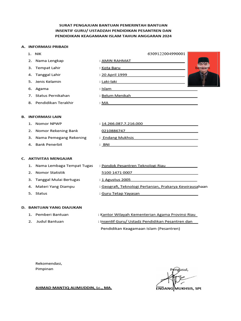 Format Surat Pengajuan Bantuan Pemerintah Bantuan Insentif | PDF