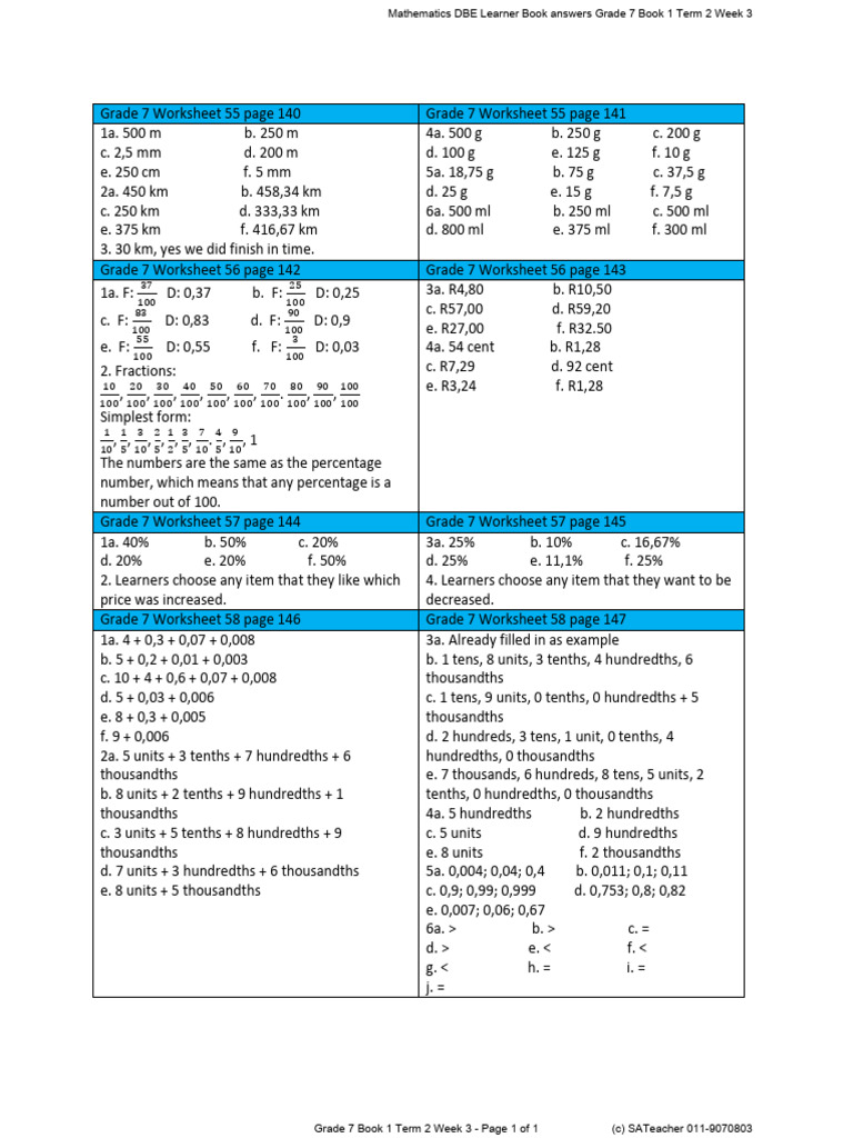 DBE Answers Grade 7 Term 2 Week 3 | PDF | Arithmetic | Mathematics