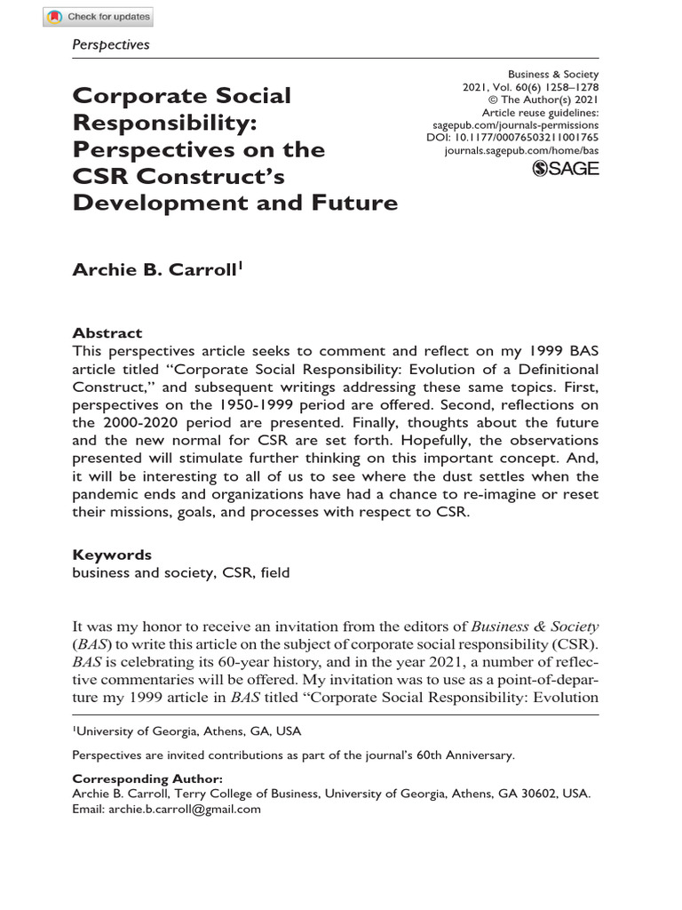 Carroll 2021 Corporate Social Responsibility Perspectives on the Csr Construct s Development and ...