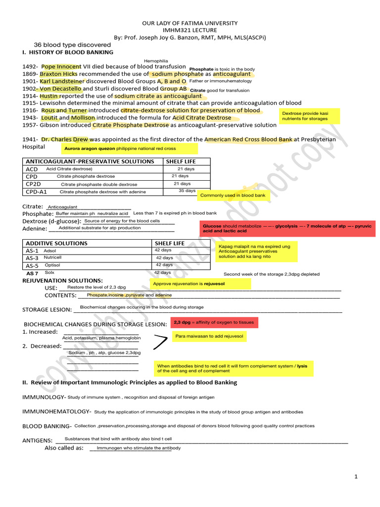 Imhm321lecture - Study Guide (Intro and History of Blood Bank Up To RH Blood Group System | PDF ...