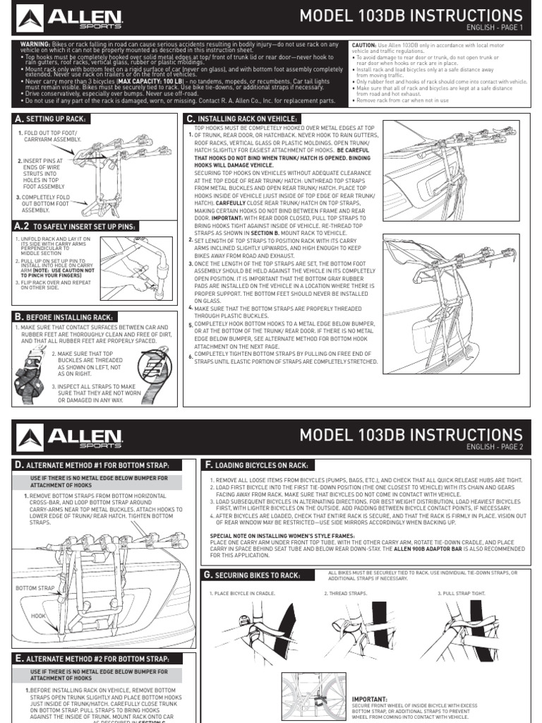 Allen 103DB Bike Rack Setup Guide | PDF | Trunk (Car) | Door