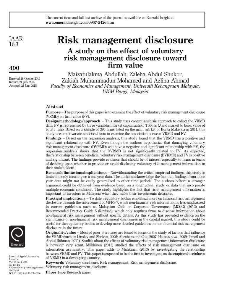 Risk Management Disclosure A Study On The Effect of Voluntary Risk ...