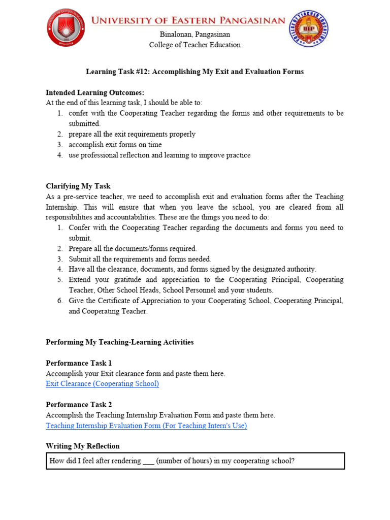 TOGUPEN JEREMY R. - Learning Task #12 - Accomplishing My Exit and Evaluation Forms | PDF