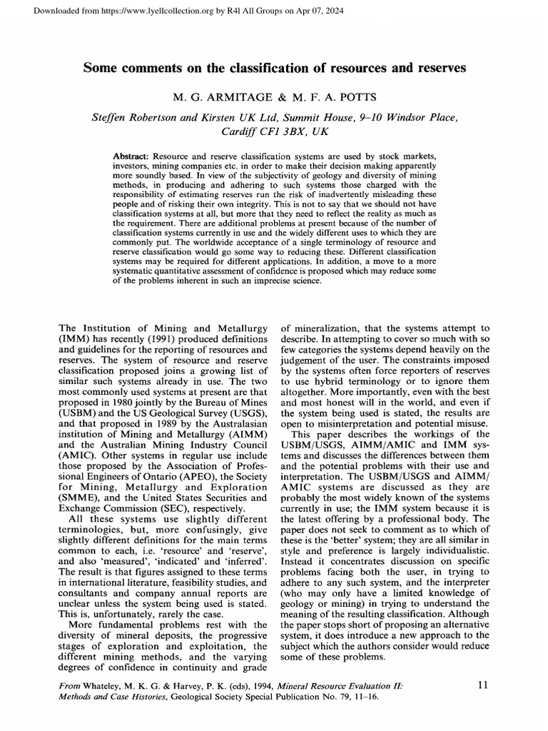 Armitage Potts 1994 Some Comments On The Classification of Resources and Reserves | PDF | Mining