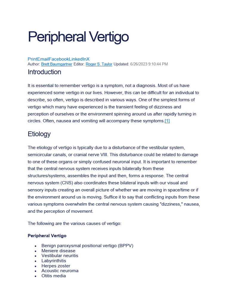 Peripheral Vertigo | PDF | Vertigo | Diseases And Disorders