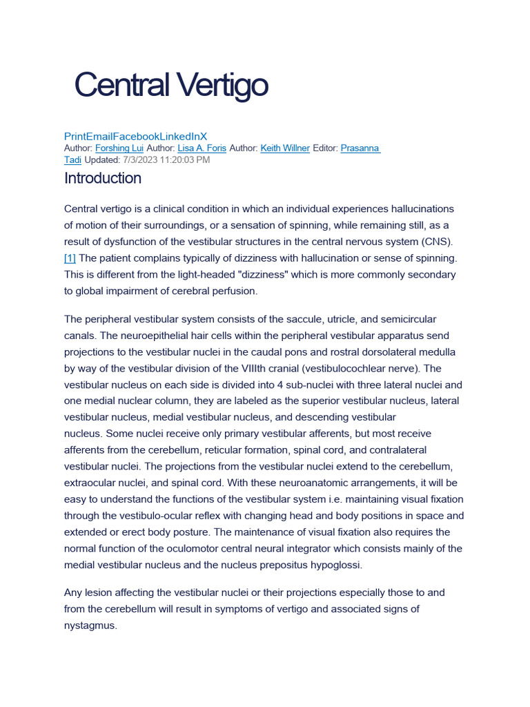 Central Vertigo | Download Free PDF | Vertigo | Vestibular System