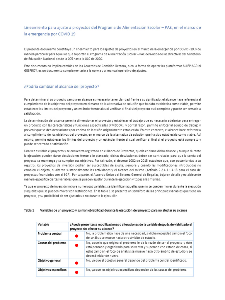 Lineamiento DNP Proyectos PAE Emergencia Versión Final | PDF | Aparición
