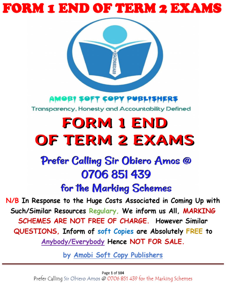 Form 1 End of Term 2 Exams | PDF | Ph | Atoms