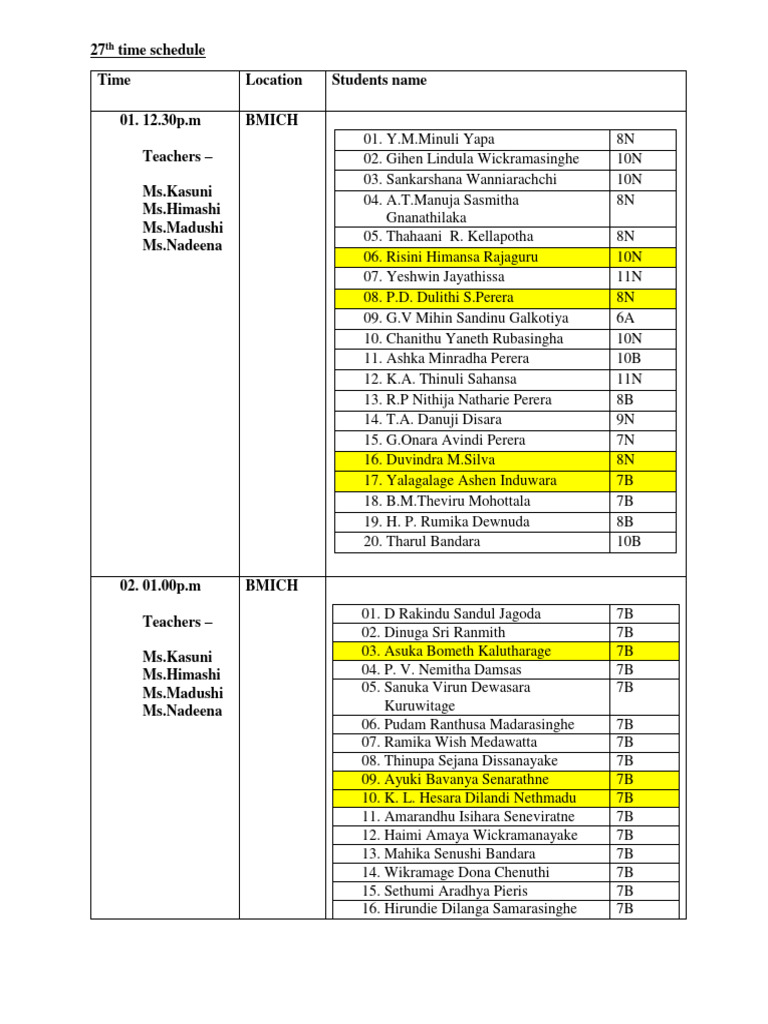 27th Time Schedule | PDF