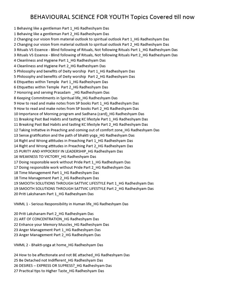 BEHAVIOURAL SCIENCE FOR YOUTH Topics Covered Till Now | PDF