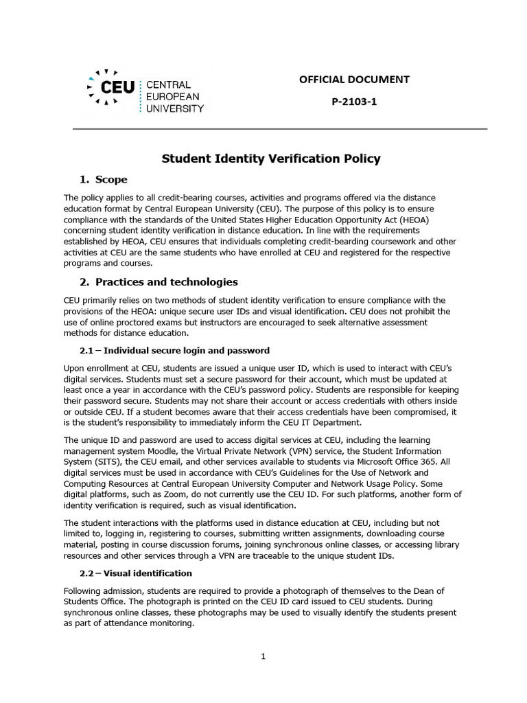 CEU Student Identity Verification Policy | PDF | Password | Identity Document