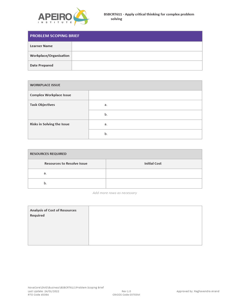 BSBCRT611 - Problem Scoping Brief - Rev1.0 | PDF | Cognition