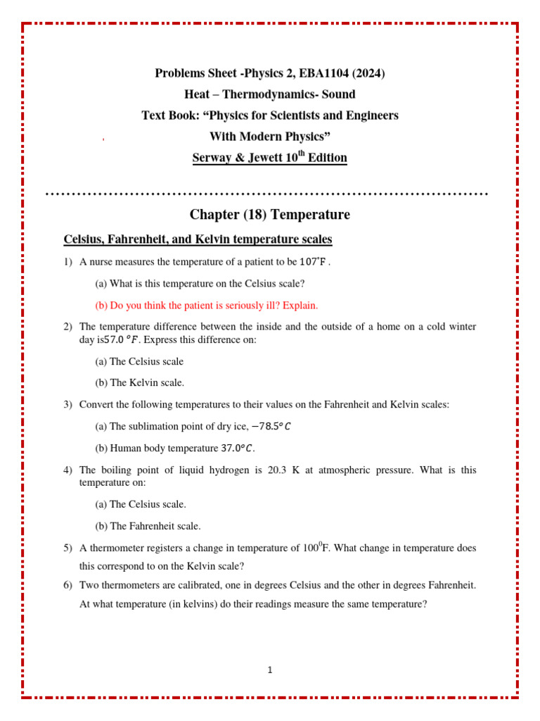 Problems Sheet Physics (2) - EBA1104 | PDF | Waves | Gases