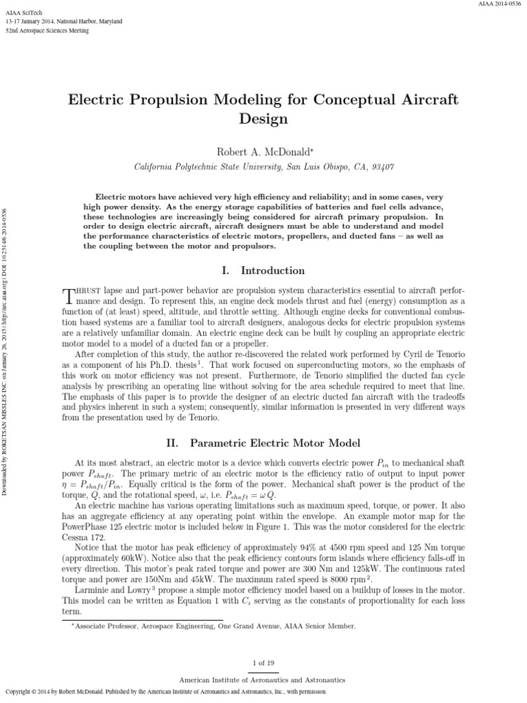 Electric Propulsion Modeling For Conceptual Aircraft Design Pdf Engines Equations