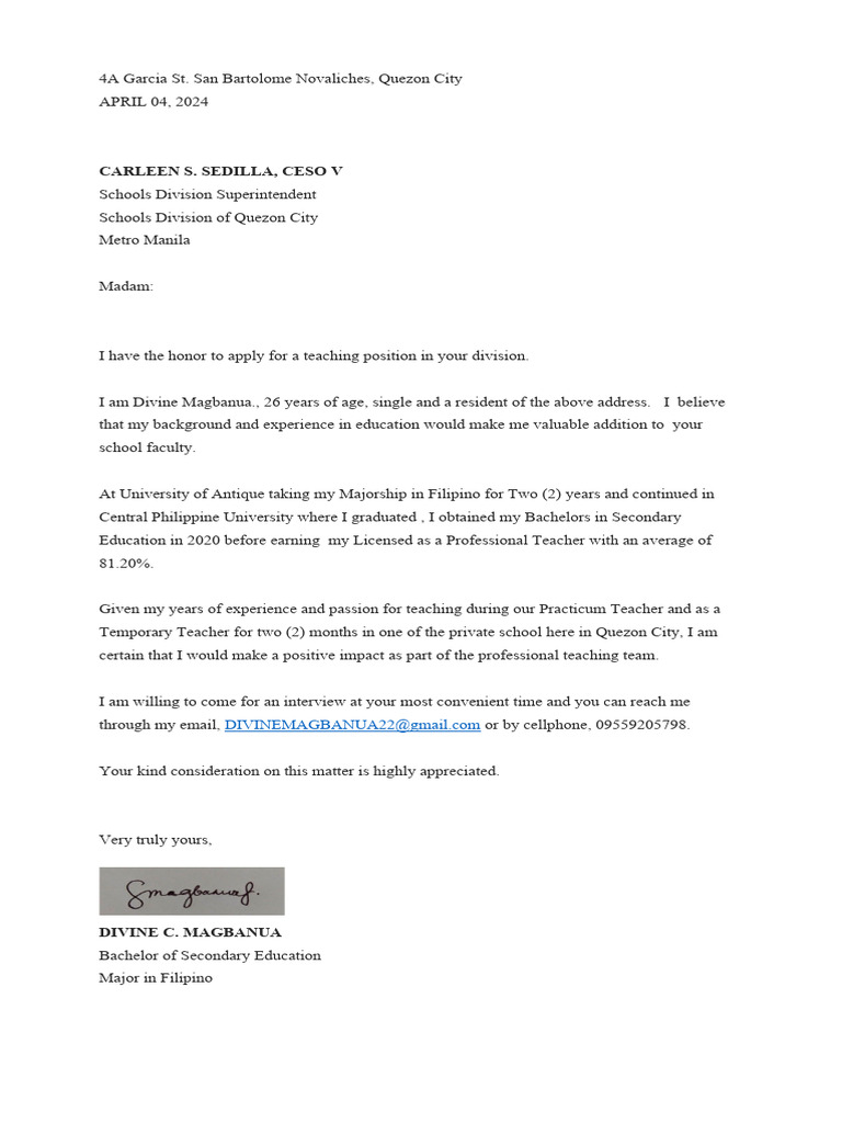 Teacher Application Letter by Divine Magbanua | PDF