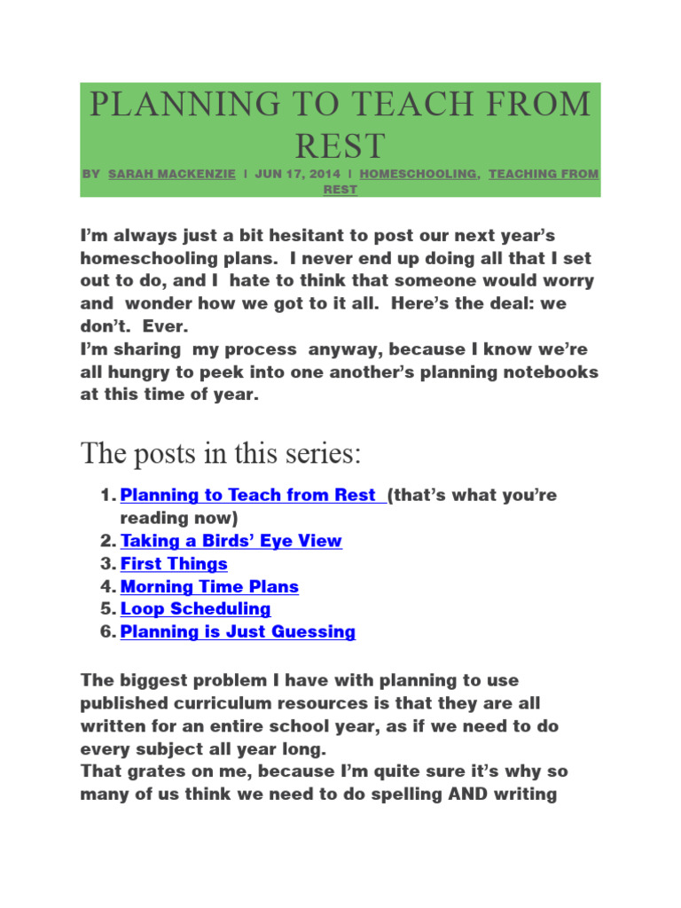 Planning to Teach from Rest | PDF | Homeschooling | Prayer