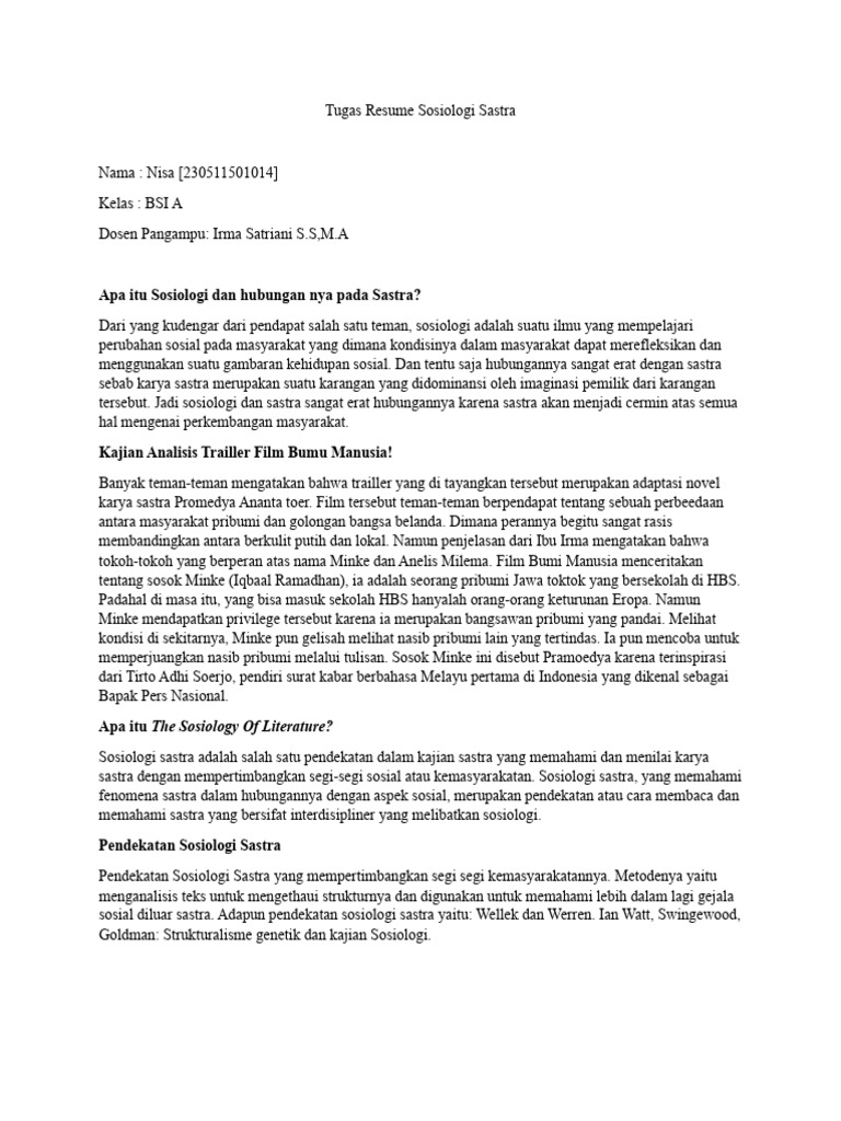 Nisa - 230511501014 - Tugas Resume Sosiologi Sastra | PDF | Sejarah | Fiksi Umum