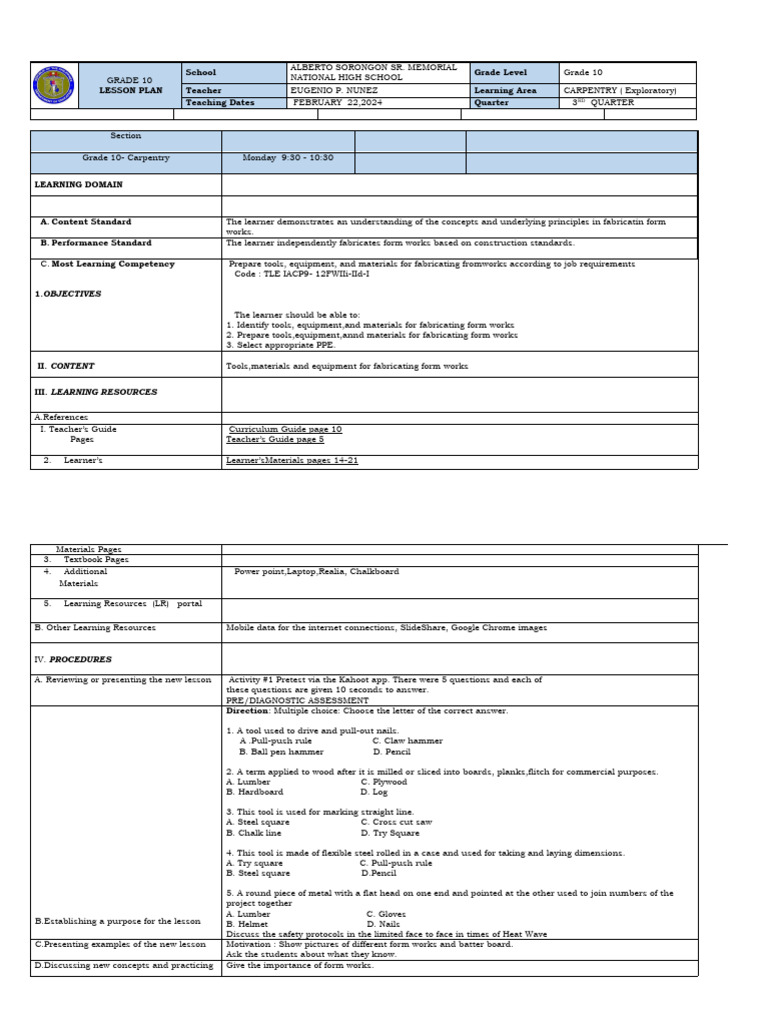 Lesson - Plan - in - EIM - NCII Grade 8 - 2022 | PDF | Electrical Wiring | Learning