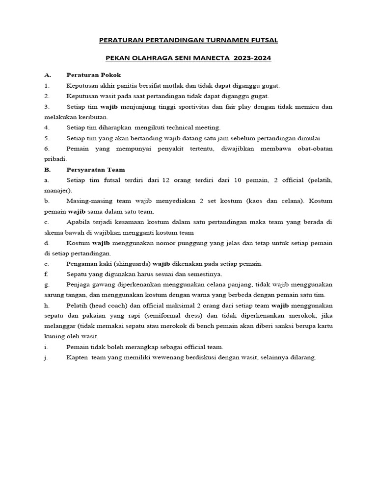 Peraturan Futsal Manecta 2023-2024 | PDF