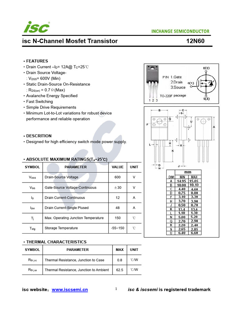 12N60 InchangeSemiconductor | PDF | Field Effect Transistor | Mosfet