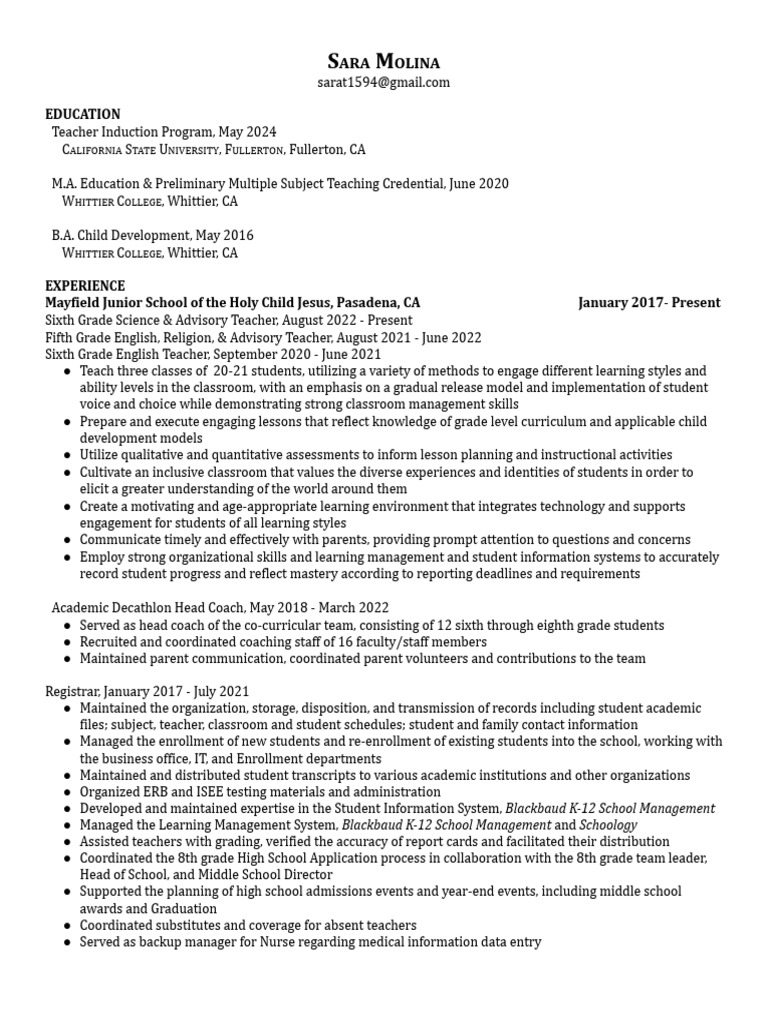 sara molina professional resume 2023p | PDF | Teachers | Learning