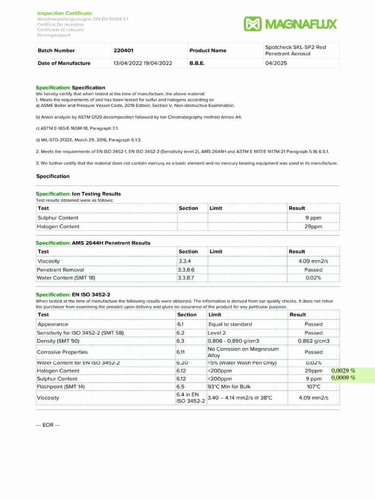 Magnaflux Inspection Certificate SKL-SP2 | PDF | Corrosion | Materials