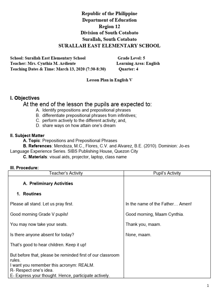 Lesson Plan-Prepositions | PDF | Preposition And Postposition | Verb