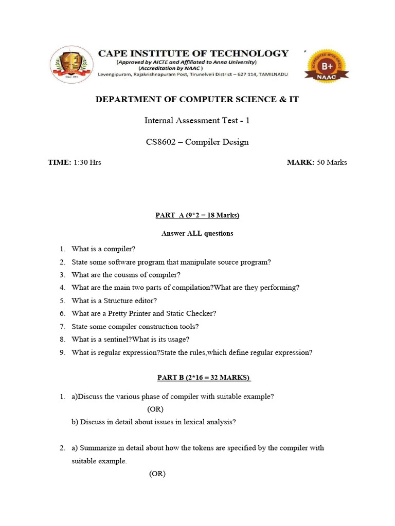 Compiler Design Exam Questions | PDF | Teaching Methods & Materials ...