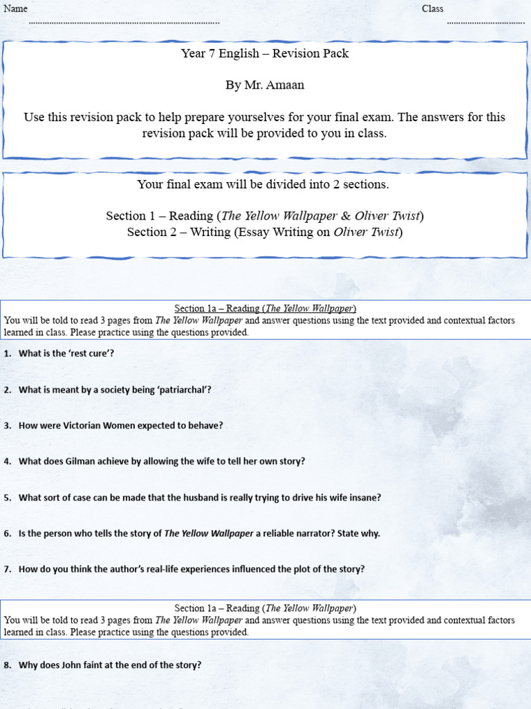 English Revision Pack | PDF | The Yellow Wallpaper | Oliver Twist