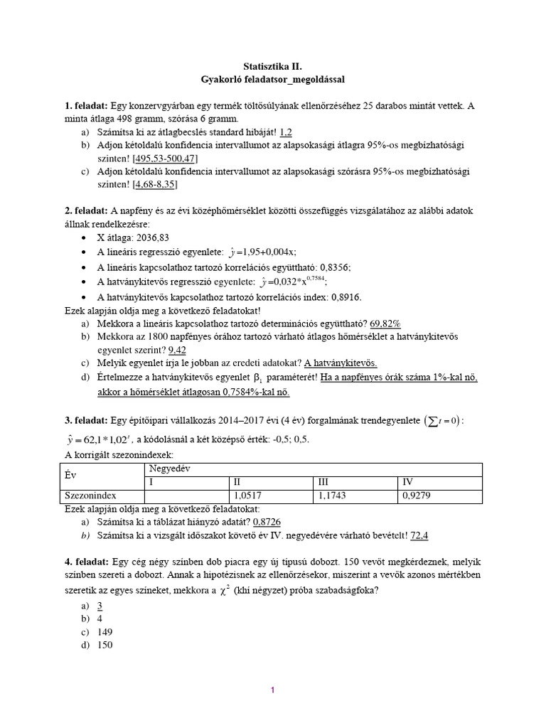 Statisztika II._gyakorló feladatsor megoldással | PDF