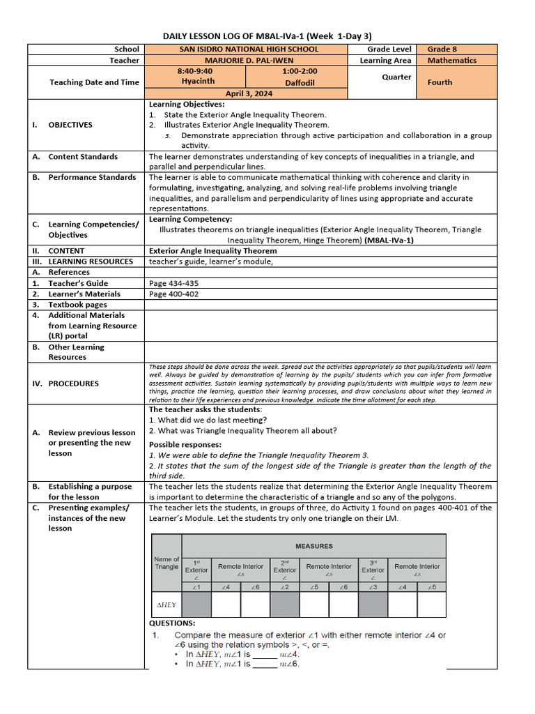 Grade 8 Math Lesson on Angle Theorems | PDF | Learning | Triangle