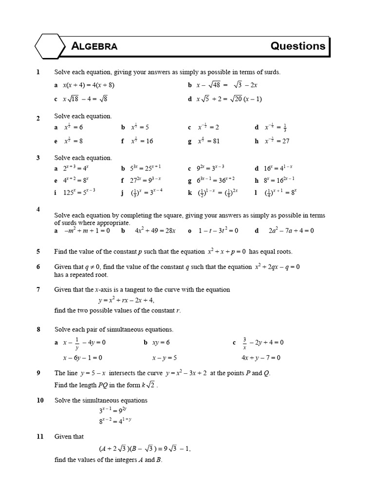 Algebra - Questions | PDF | Equations | Algebra
