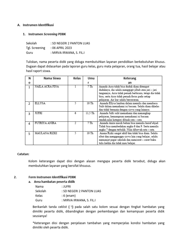 Lembar Kerja 1 Identifikasi PDBK 2023 Jupri | PDF