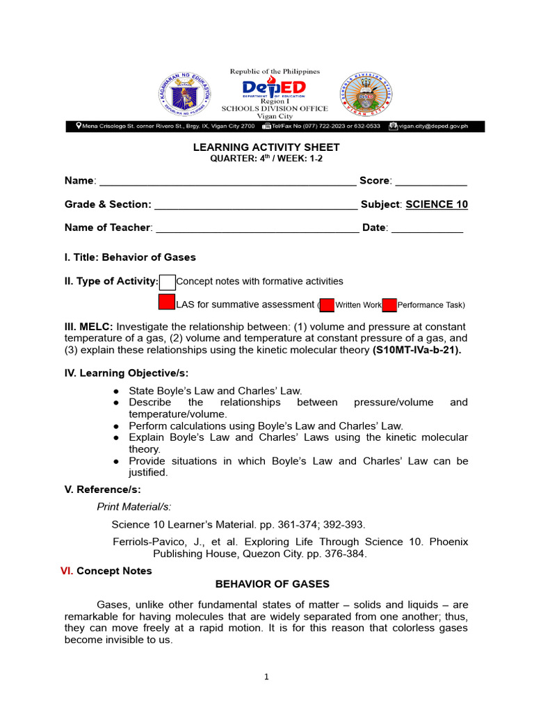 LAS SCI 10 MELC 1 Week 1-2 | PDF | Gases | Temperature