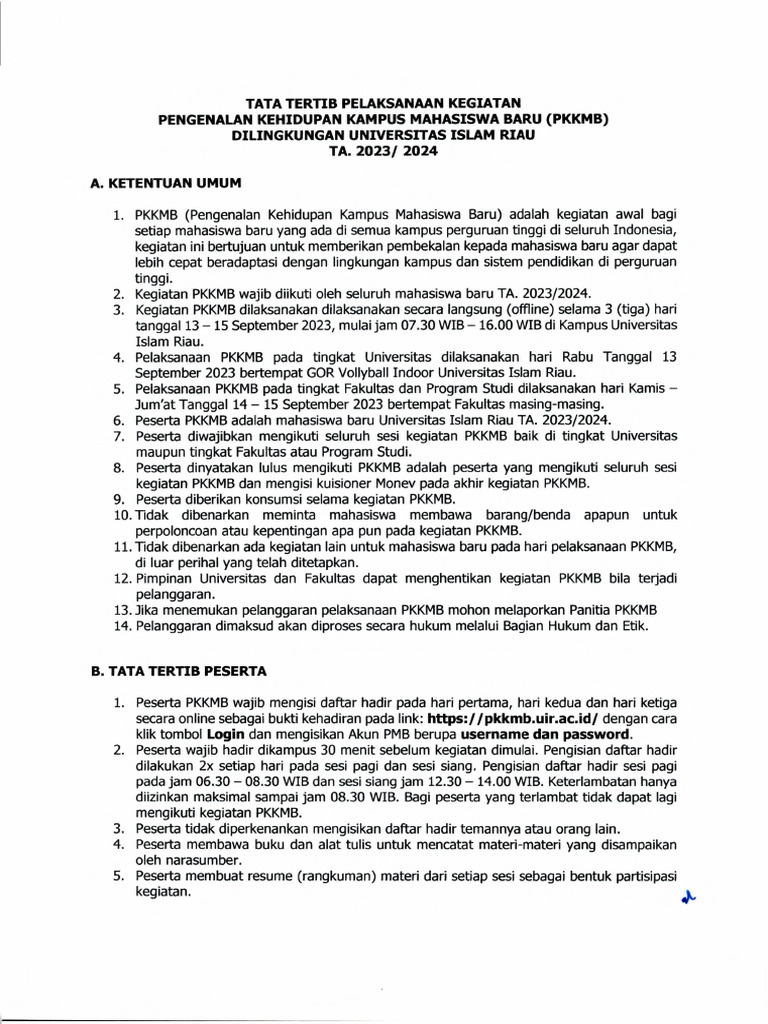 Tata Tertib PKKMB Universitas Islam Riau TA. 2023-2024-1 | PDF
