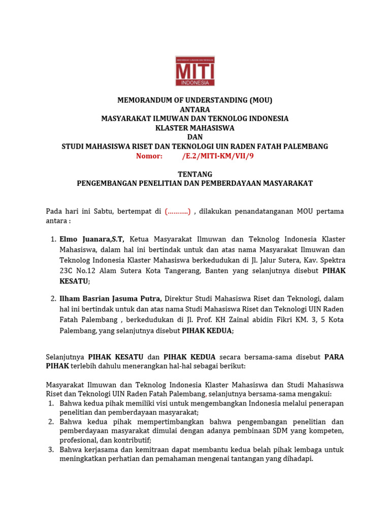 (Draft) Memorandum of Understanding (Mou) Miti KM - Mitra-1 | PDF | Komputer