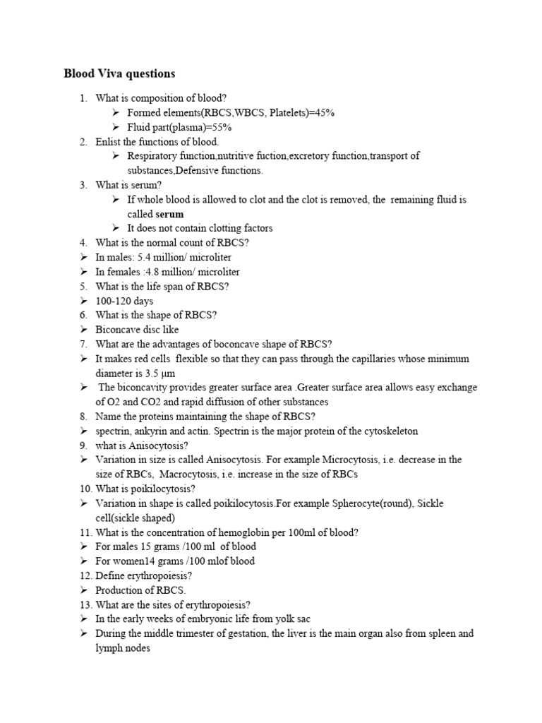 Blood Physiology Viva Questions | PDF | Platelet | Coagulation