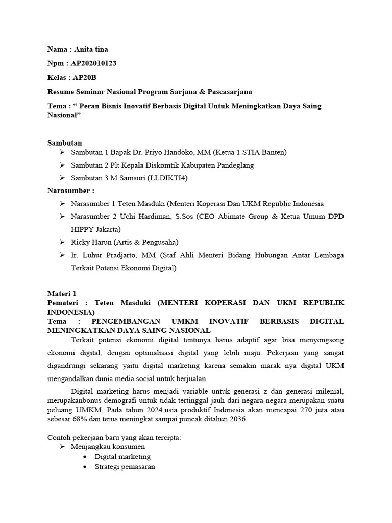 Resume Seminar Nasional-Anita Tina-Ap202010123 | PDF